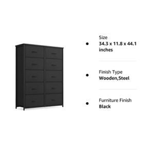 CubiCubi Dresser for Bedroom, 10 Drawer Storage Organizer Tall Wide Dresser for Bedroom Hallway, Sturdy Steel Frame Wood Top, Dark Black