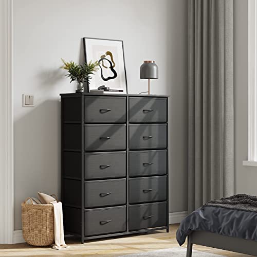 CubiCubi Dresser for Bedroom, 10 Drawer Storage Organizer Tall Wide Dresser for Bedroom Hallway, Sturdy Steel Frame Wood Top, Dark Black