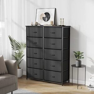 CubiCubi Dresser for Bedroom, 10 Drawer Storage Organizer Tall Wide Dresser for Bedroom Hallway, Sturdy Steel Frame Wood Top, Dark Black