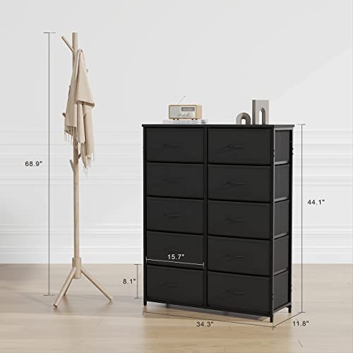 CubiCubi Dresser for Bedroom, 10 Drawer Storage Organizer Tall Wide Dresser for Bedroom Hallway, Sturdy Steel Frame Wood Top, Dark Black