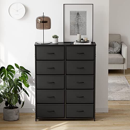 CubiCubi Dresser for Bedroom, 10 Drawer Storage Organizer Tall Wide Dresser for Bedroom Hallway, Sturdy Steel Frame Wood Top, Dark Black