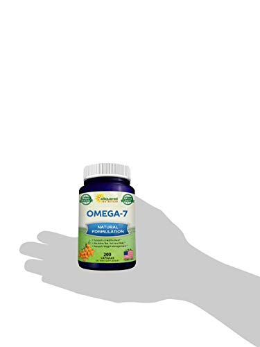 Purified Omega 7 Fatty Acids - 200 Capsules - from Natural Sea Buckthorn, XL Vitamin Supplement, No Fish Burp, Vegan Omega-7 Palmitoleic Acid, Compare to Omega 3 6 9 for Complete Weight Loss Results