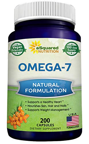 Purified Omega 7 Fatty Acids - 200 Capsules - from Natural Sea Buckthorn, XL Vitamin Supplement, No Fish Burp, Vegan Omega-7 Palmitoleic Acid, Compare to Omega 3 6 9 for Complete Weight Loss Results