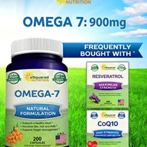 Purified Omega 7 Fatty Acids - 200 Capsules - from Natural Sea Buckthorn, XL Vitamin Supplement, No Fish Burp, Vegan Omega-7 Palmitoleic Acid, Compare to Omega 3 6 9 for Complete Weight Loss Results