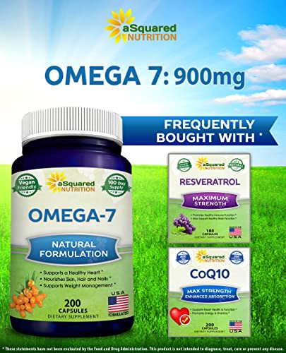 Purified Omega 7 Fatty Acids - 200 Capsules - from Natural Sea Buckthorn, XL Vitamin Supplement, No Fish Burp, Vegan Omega-7 Palmitoleic Acid, Compare to Omega 3 6 9 for Complete Weight Loss Results