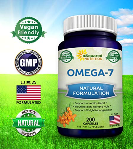 Purified Omega 7 Fatty Acids - 200 Capsules - from Natural Sea Buckthorn, XL Vitamin Supplement, No Fish Burp, Vegan Omega-7 Palmitoleic Acid, Compare to Omega 3 6 9 for Complete Weight Loss Results