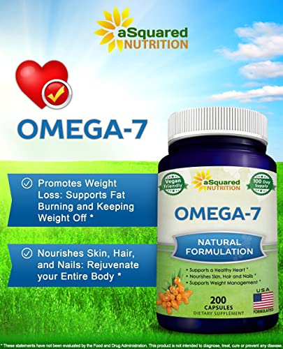 Purified Omega 7 Fatty Acids - 200 Capsules - from Natural Sea Buckthorn, XL Vitamin Supplement, No Fish Burp, Vegan Omega-7 Palmitoleic Acid, Compare to Omega 3 6 9 for Complete Weight Loss Results