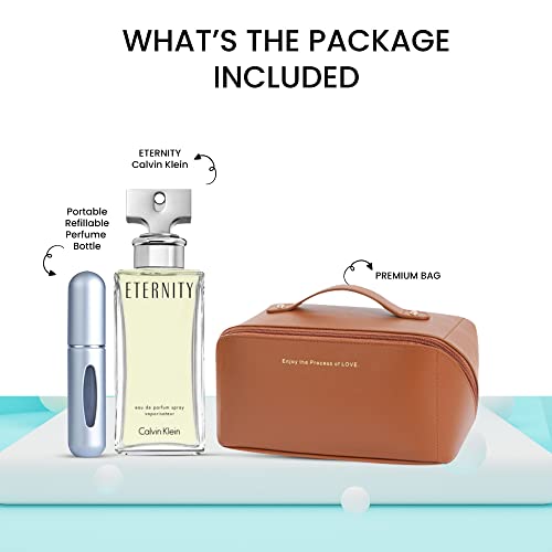 Eternity For Women Eau de Parfum, 3.3 Fl. Oz - Gift Set Pack With Luxury Faux Leather Travel Toiletry Bag + Portable Travel Size Refillable Perfume Atomizer Bottle