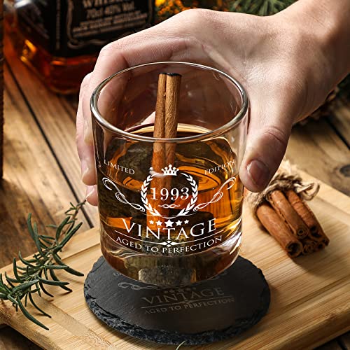 30th Birthday Gifts for Men Whiskey Glass Set - 30th Birthday Decorations, Party Supplies - 30 Year Anniversary, Bday Gifts Ideas for Him, Dad, Husband, Friends - Wood Box & Whiskey Stones & Coaster