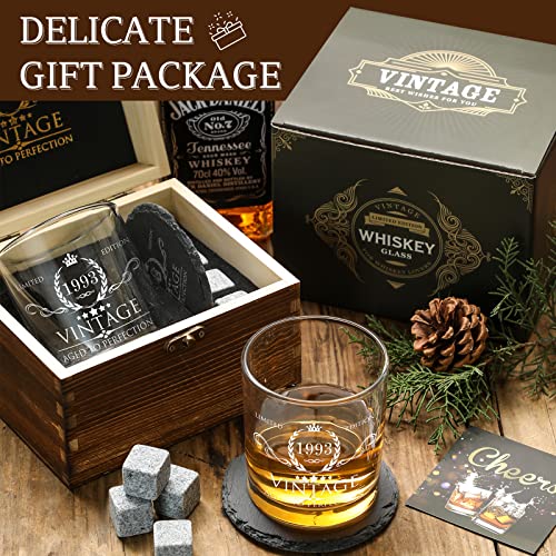 30th Birthday Gifts for Men Whiskey Glass Set - 30th Birthday Decorations, Party Supplies - 30 Year Anniversary, Bday Gifts Ideas for Him, Dad, Husband, Friends - Wood Box & Whiskey Stones & Coaster