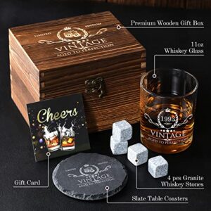 30th Birthday Gifts for Men Whiskey Glass Set - 30th Birthday Decorations, Party Supplies - 30 Year Anniversary, Bday Gifts Ideas for Him, Dad, Husband, Friends - Wood Box & Whiskey Stones & Coaster