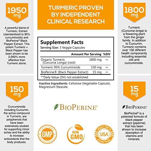 Turmeric Curcumin with BioPerine & Pepper 95% Standardized Curcuminoids 1950mg - Black Pepper for Max Absorption, Natural Joint Support, Nature's Tumeric Extract Antioxidant Supplement - 240 Capsules