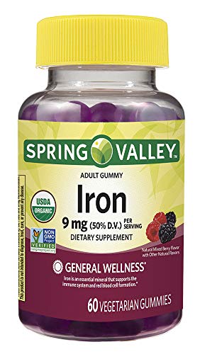 Spring Valley Organic Iron 9 mg, General Wellness, Mixed Berries, 60 Vegetarian Gummies