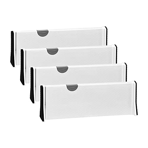 JONYJ Drawer Dividers Organizer 4 Pack, Adjustable Separators 4" High Expandable from 11-17" for Bedroom, Bathroom, Closet,Clothing, Office, Kitchen Storage, Strong Secure Hold, Foam Ends（White）