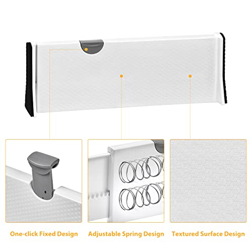 JONYJ Drawer Dividers Organizer 4 Pack, Adjustable Separators 4" High Expandable from 11-17" for Bedroom, Bathroom, Closet,Clothing, Office, Kitchen Storage, Strong Secure Hold, Foam Ends（White）