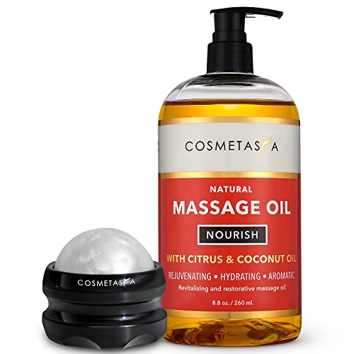 Natural Nourishing Massage Oil with Massage Roller Ball- Coconut & Citrus- Non Greasy, with Therapeutic Rejuvenating, Hydrating & Aromatic Essential Oils for Dry Skin, Soothes Muscles & Joints 8.8 oz