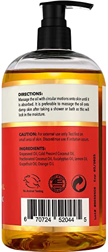 Natural Nourishing Massage Oil with Massage Roller Ball- Coconut & Citrus- Non Greasy, with Therapeutic Rejuvenating, Hydrating & Aromatic Essential Oils for Dry Skin, Soothes Muscles & Joints 8.8 oz