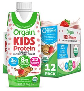 orgain organic kids protein nutritional shake, strawberry – 8g of protein, 22 vitamins & minerals, fruits & vegetables, gluten free, soy free, kosher, non-gmo, 8.25 fl oz (pack of 12)