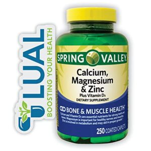 Calcium, Magnesium, Zinc & Vitamin D3. Includes Luall Fridge Magnetic + Spring Valley Calcium, Magnesium & Zinc Plus Vitamin D3 Caplets Dietary Supplement, 250 Count