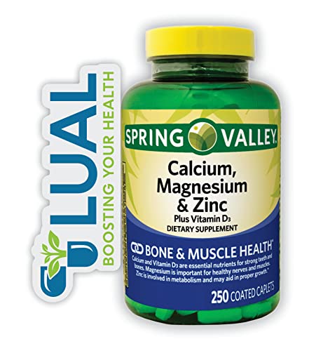 Calcium, Magnesium, Zinc & Vitamin D3. Includes Luall Fridge Magnetic + Spring Valley Calcium, Magnesium & Zinc Plus Vitamin D3 Caplets Dietary Supplement, 250 Count