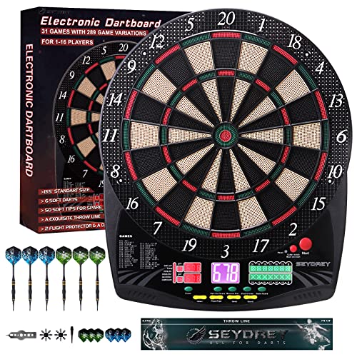 Electronic Dart Board, Soft Tip Dartboard Set with 6 Darts 50 Soft Tips, LCD Display, Power Adapter, Throw Line