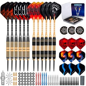 unikoo darts metal tip set, 12 pcs professional steel tip darts with aluminum shafts and brass barrels, 20/22 grams metal darts with detachable tips, extra soft dart tips, flights, sharpener tool kit