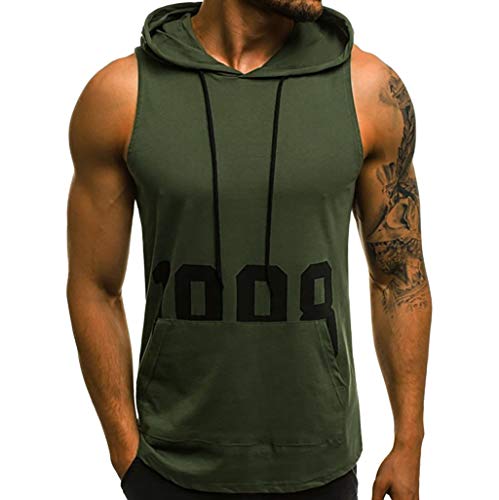 Mens Workout Hooded Tank Tops Fitness Muscle Print Hoodies Bodybuilding with Pocket Tight-Drying Tops (L, Gray)