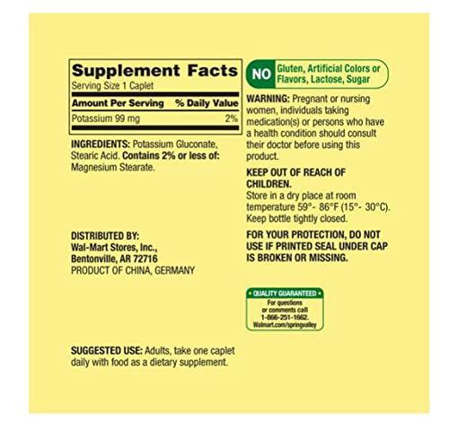 Spring - Valley Potassium Caplets 99 mg - 250 Pack of 2 for Caplets for Heart Nerve and Muscle Function