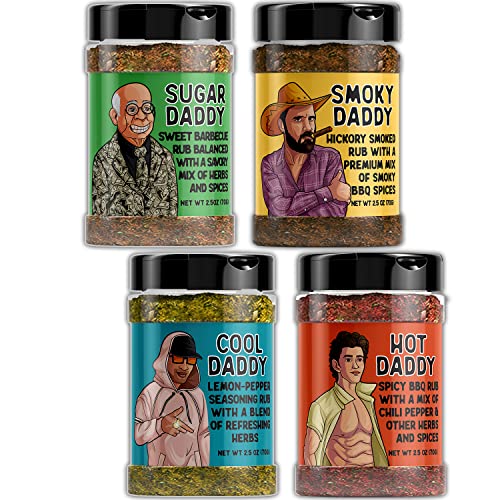 BBQ Rub Dad Gift Set - Sugar Daddy, Hot Daddy, Cool Daddy, Smoky Daddy. Barbecue Seasoning, Fathers Day Christmas Stocking Stuffers for Dads Birthday Gifts for Men Valentines Day Gift for Him