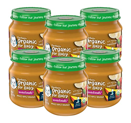 Gerber Organic for Baby Wonder Foods 2nd Foods Baby Food Jar, Mango Apple Banana, USDA Organic Pureed Baby Food with Superfoods, 4-Ounce Glass Jar (Pack of 6)