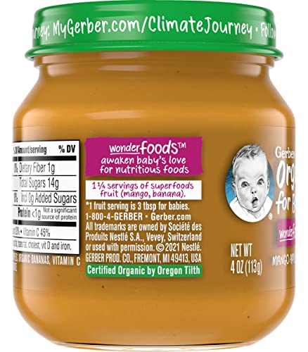 Gerber Organic for Baby Wonder Foods 2nd Foods Baby Food Jar, Mango Apple Banana, USDA Organic Pureed Baby Food with Superfoods, 4-Ounce Glass Jar (Pack of 6)