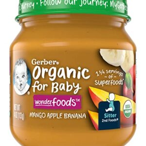 Gerber Organic for Baby Wonder Foods 2nd Foods Baby Food Jar, Mango Apple Banana, USDA Organic Pureed Baby Food with Superfoods, 4-Ounce Glass Jar (Pack of 6)