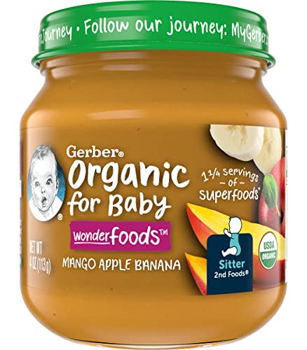 Gerber Organic for Baby Wonder Foods 2nd Foods Baby Food Jar, Mango Apple Banana, USDA Organic Pureed Baby Food with Superfoods, 4-Ounce Glass Jar (Pack of 6)