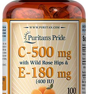 Puritans Pride Vitmain C 500 mg & E 180 mg with Rose Hips for Immune & Antioxidant Support by Puritan's Pe for Healthy Skin and Immune System Support, 100 Softgels