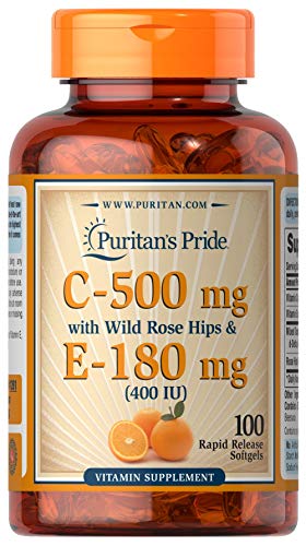 Puritans Pride Vitmain C 500 mg & E 180 mg with Rose Hips for Immune & Antioxidant Support by Puritan's Pe for Healthy Skin and Immune System Support, 100 Softgels