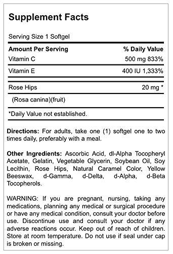 Puritans Pride Vitmain C 500 mg & E 180 mg with Rose Hips for Immune & Antioxidant Support by Puritan's Pe for Healthy Skin and Immune System Support, 100 Softgels