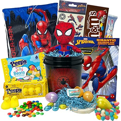 Spider-Man Easter Gift Basket For Kids Already Filled - Easter Care Package Gift Pack Bundle Prefilled With Easter Eggs Candy Chocolate for Girls Boys Young Children Grandchildren Toddlers