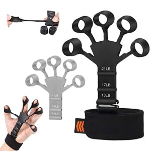 finger strengthener, grip strength trainer, finger exerciser & hand strengthener, finger resistance band for wrist physcial rehabilitation ，rock climbing training, strength training(black+grey)