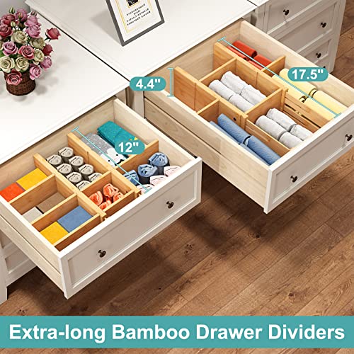 Vriccc 4.4" High Drawer Dividers with Inserts, Bamboo Drawer Dividers for Clothes, Expandable from 12-17.5", Adjustable drawer organizer for Bedroom, Kitchen & Office, 4 Dividers with 8 Insert.