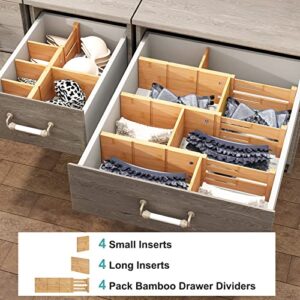 Vriccc 4.4" High Drawer Dividers with Inserts, Bamboo Drawer Dividers for Clothes, Expandable from 12-17.5", Adjustable drawer organizer for Bedroom, Kitchen & Office, 4 Dividers with 8 Insert.