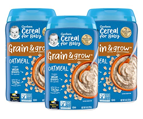 Gerber Cereal for Baby 1st Foods Grain & Grow Oatmeal Cereal, Made with Whole Grains & Essential Nutrients, Non-GMO, For Supported Sitters, 8-Ounce Canister (Pack of 3)