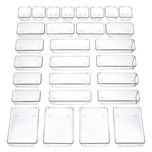 byomostor 28pcs clear plastic drawers organizer in 4 sizes, ultimate storage bins for bathroom, vanity, junk drawer, office – store makeup, jewelries, supplies, and tools with ease