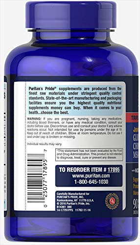 Puritan's Pride Triple Strength Glucosamine, Chondroitin & MSM Joint Soother, 90 Coated Caplets