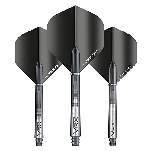 RED DRAGON Dart Flights and Shafts (Stems) Combo Set - Black Hardcore Flights and VRX Black Shafts