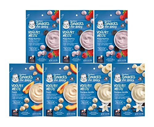 Gerber Yogurt Melts, Variety Pack, Mixed Berry + Peach + Banana Vanilla, 1oz (Pack of 7)