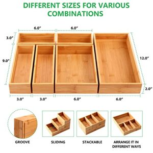 MaxGear Drawer Organizer 100% Bamboo Drawer Organizer Stackable 6-Pieces Wood Drawer Organizer, 18x12x2 inches Multi-use Desk Drawer Organizer with Various Sizes for Office, Kitchen, Bedroom, Bathroom