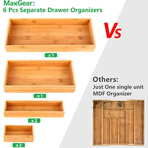 MaxGear Drawer Organizer 100% Bamboo Drawer Organizer Stackable 6-Pieces Wood Drawer Organizer, 18x12x2 inches Multi-use Desk Drawer Organizer with Various Sizes for Office, Kitchen, Bedroom, Bathroom