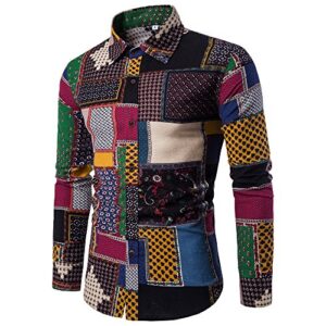 men’s print plaid tee tops plus size casual long sleeve slim fit business shirt blouse (m, multicolor)