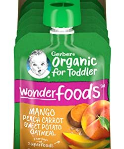 Gerber Organic for Toddler Wonder Foods Toddler Food Pouches, Mango Peach Carrot Sweet Potato Oatmeal, Organic & Non-GMO, 3.5 Ounce Pouches (Pack of 6)