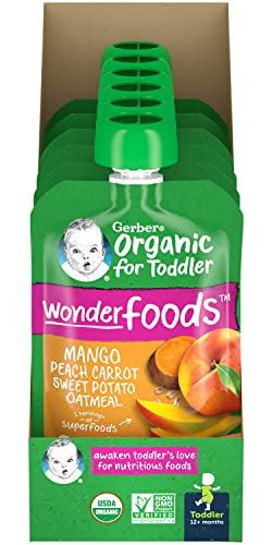 Gerber Organic for Toddler Wonder Foods Toddler Food Pouches, Mango Peach Carrot Sweet Potato Oatmeal, Organic & Non-GMO, 3.5 Ounce Pouches (Pack of 6)